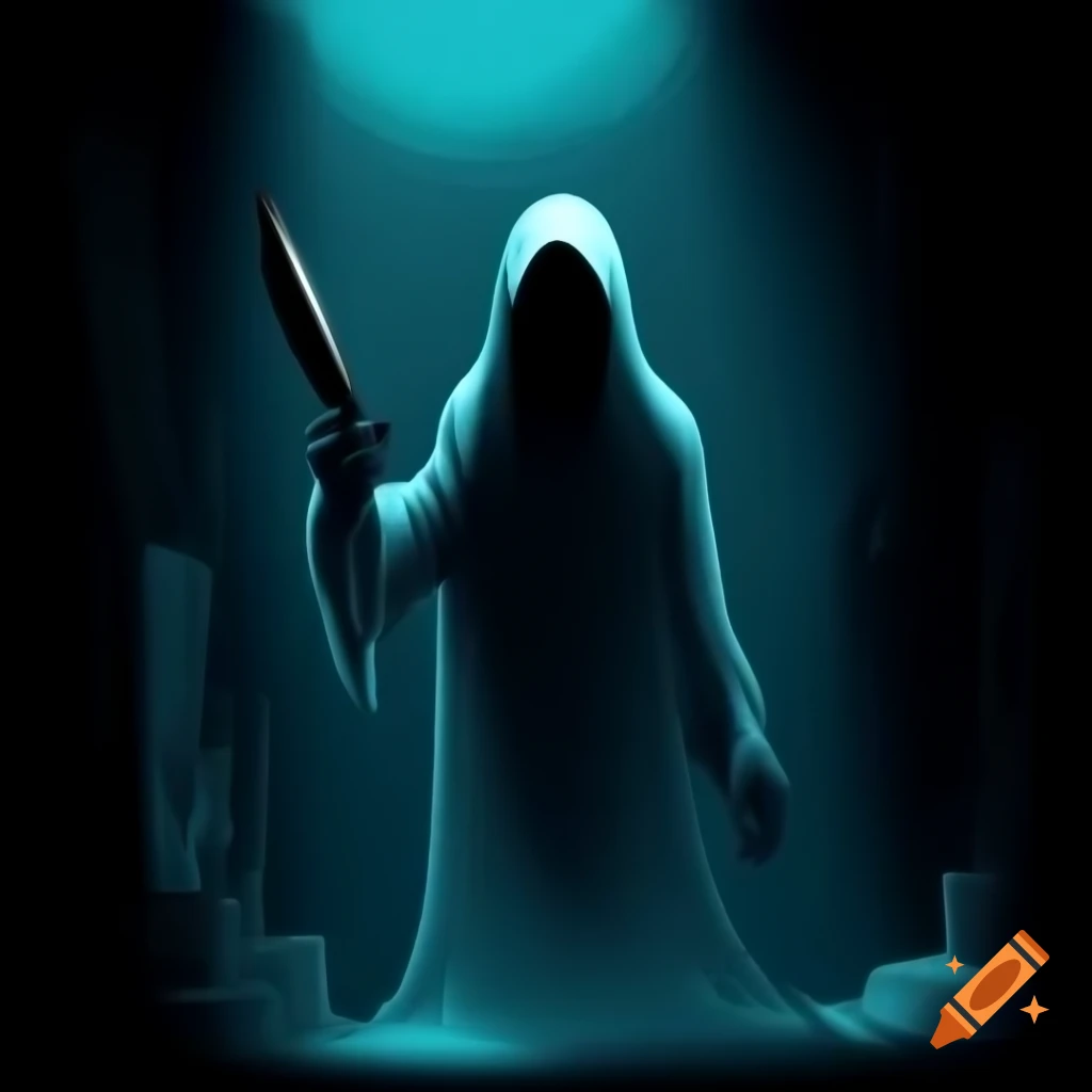 Terrifying ghost holding knife in dark eerie environment on Craiyon
