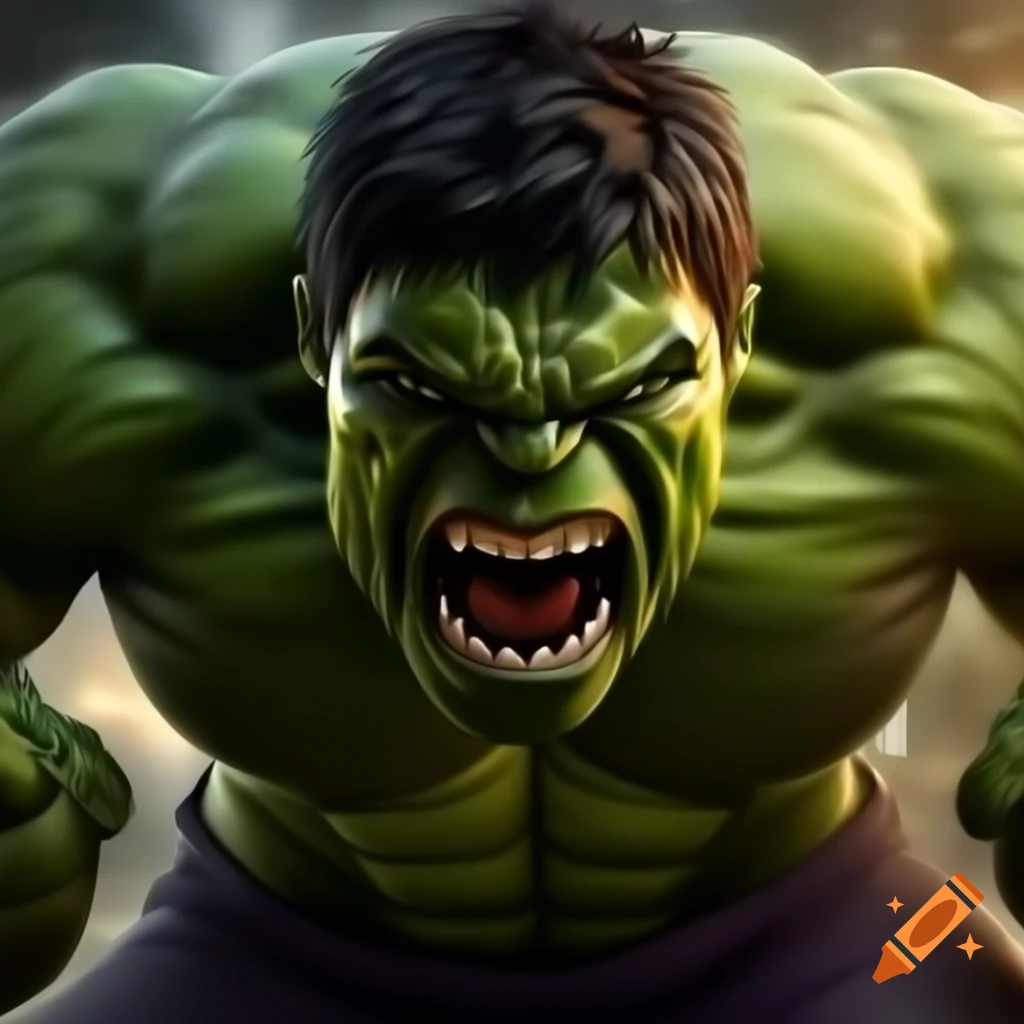 Hulk flexing muscles in a moment of rage, dramatic light and shadow ...