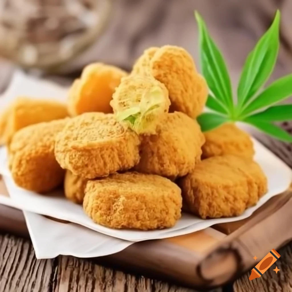 Chicken nuggets served with cannabis leaves on Craiyon
