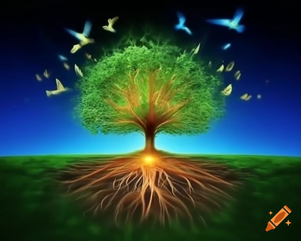 Vibrant tree with glowing roots and wings symbolizing growth and ...