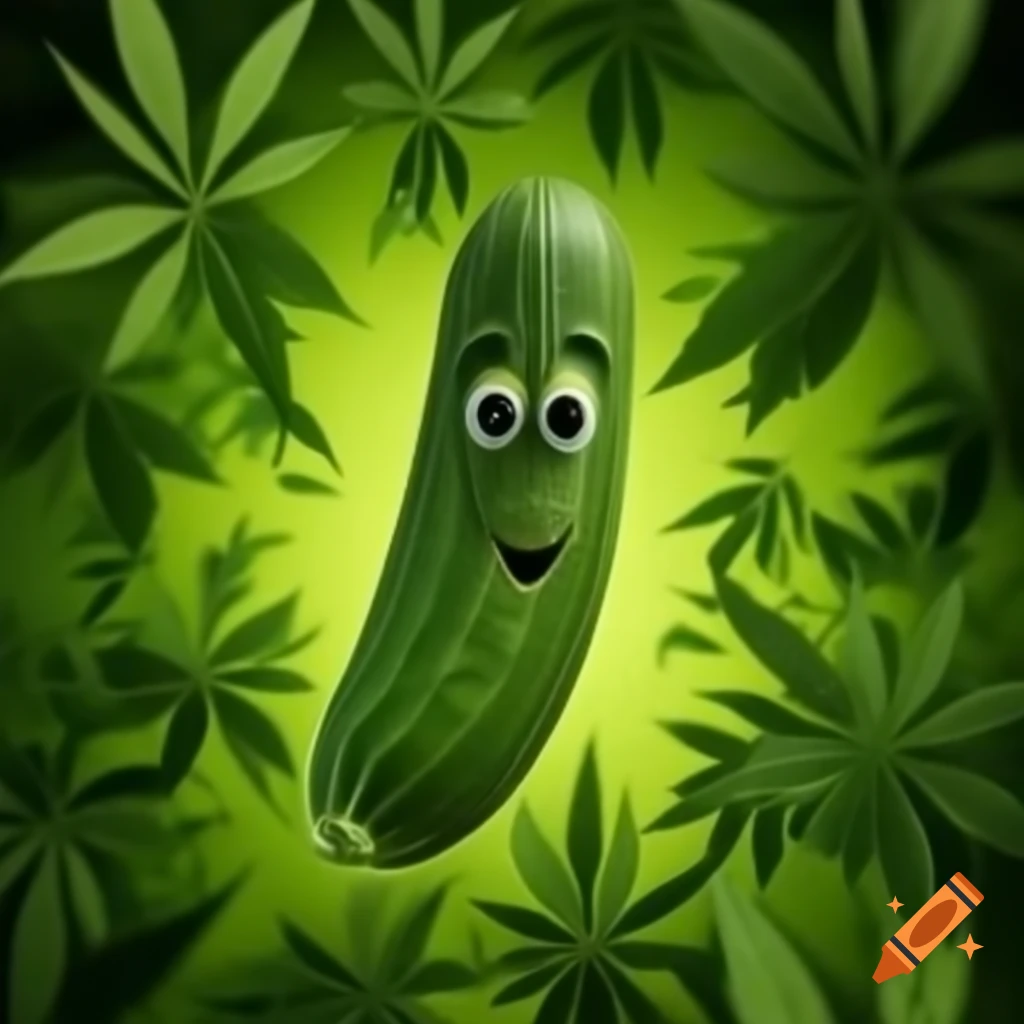Smiling cucumber surrounded by green plants on Craiyon