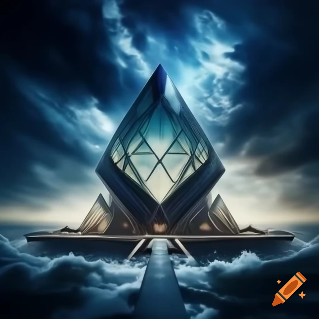 Futuristic diamond-shaped house amidst rain-swept clouds and swirling ...