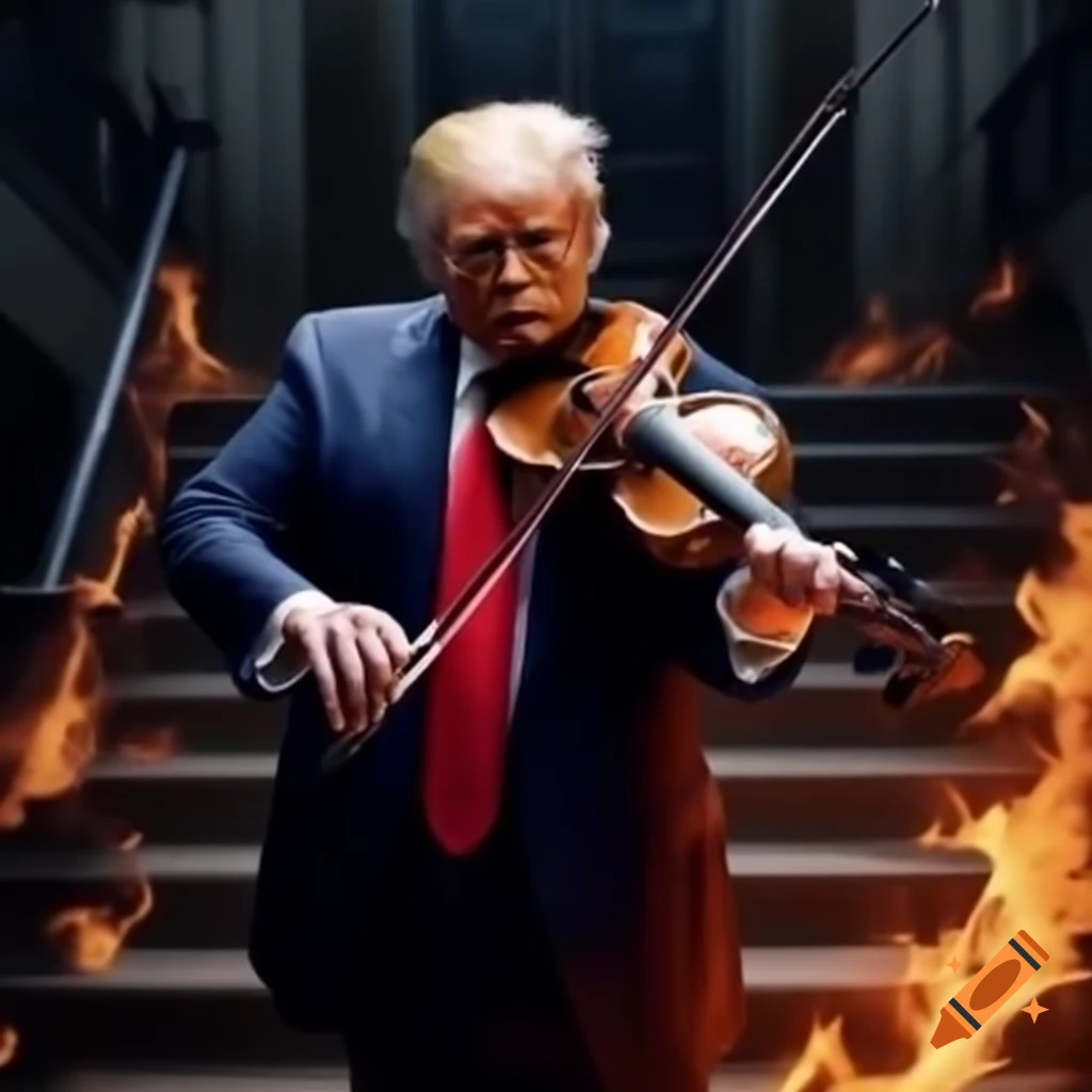 Political surrealism depicting trump on burning capital stairs playing ...