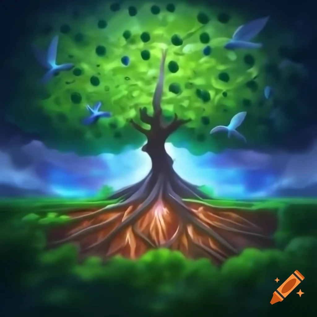 Vibrant tree with glowing roots and wings, colorful birds flying into ...