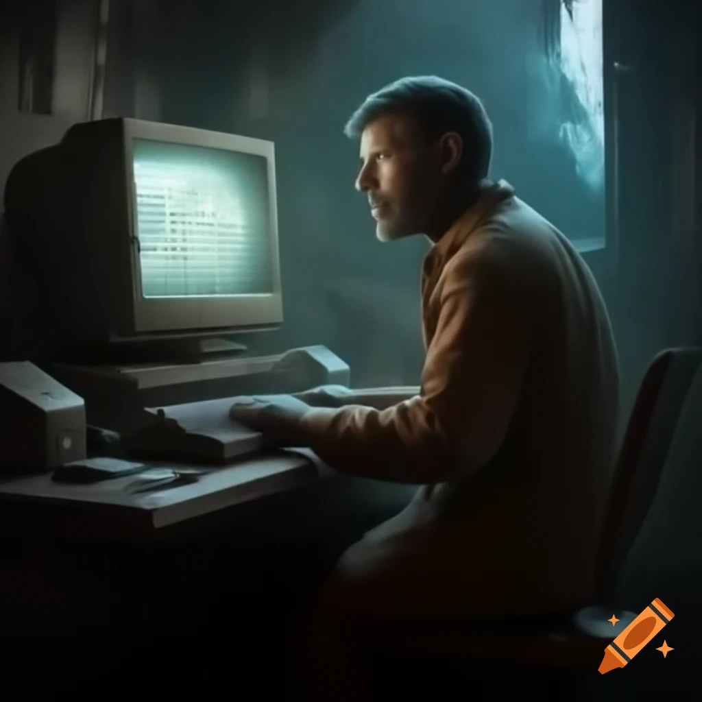 Researcher working on computer in small unfinished basement on Craiyon