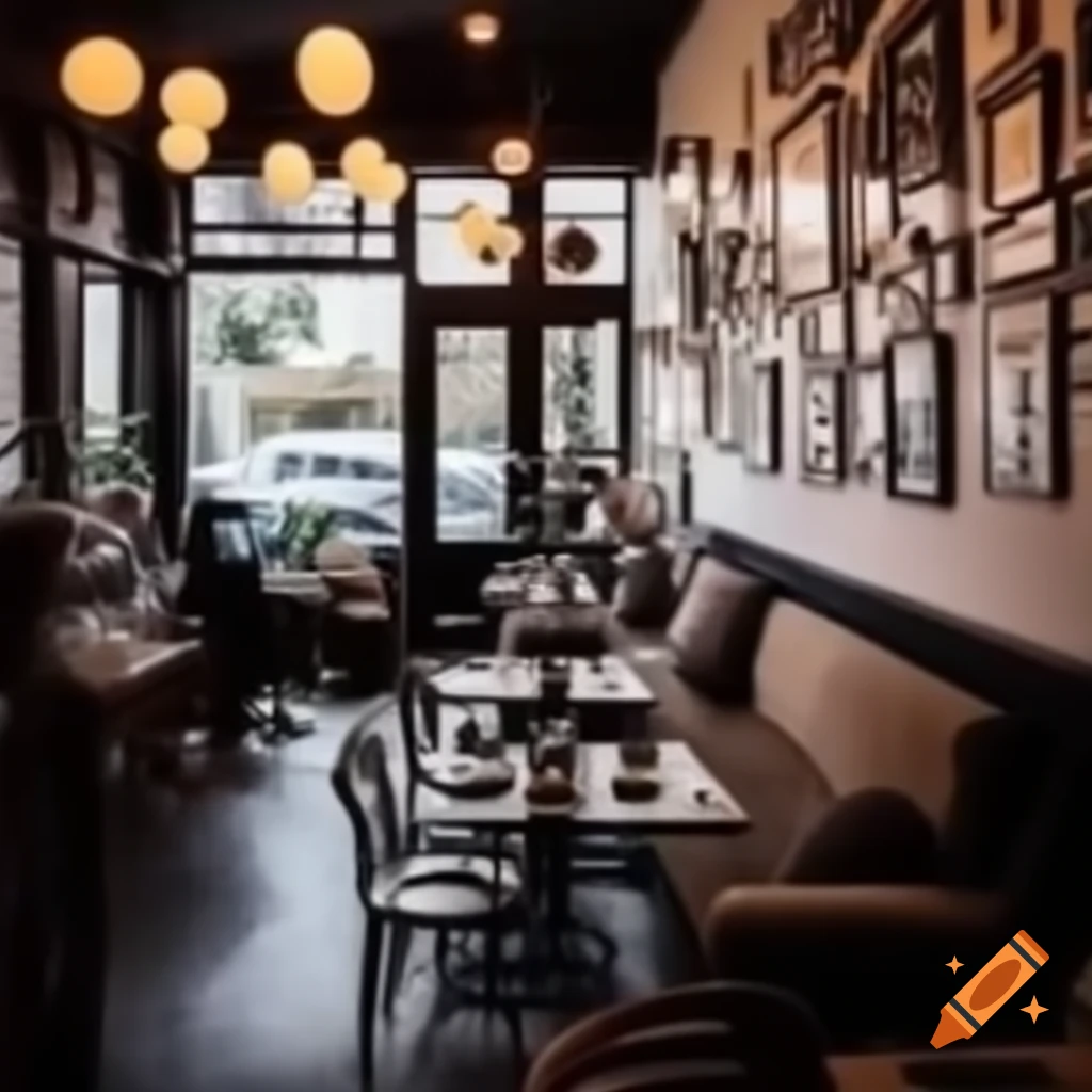 Cozy cafe interior with brown coffee bean wall art and black seating on ...