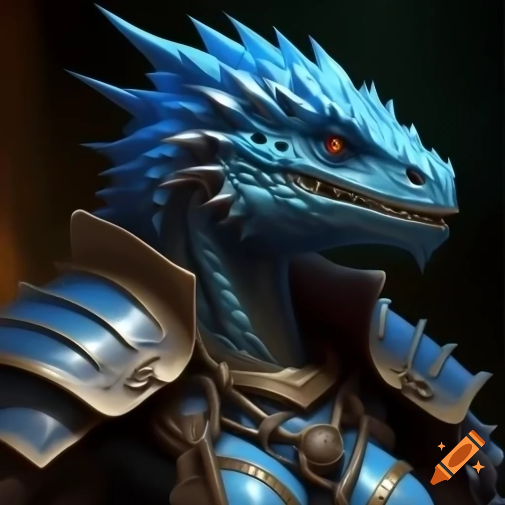 Cobalt-scaled Blue Dragonborn with mechanical leg and medieval armor ...