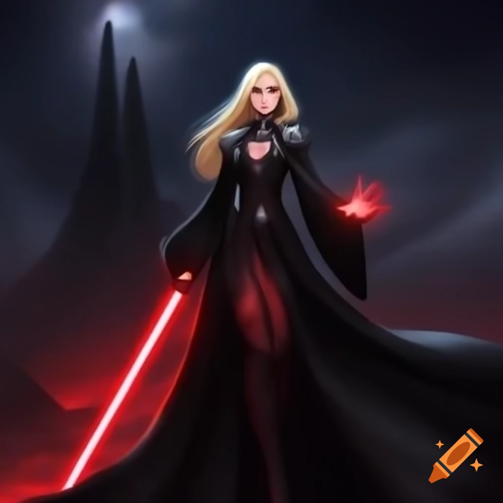 Blonde woman as sith lord with red lightsabers and black robe, imperial ...