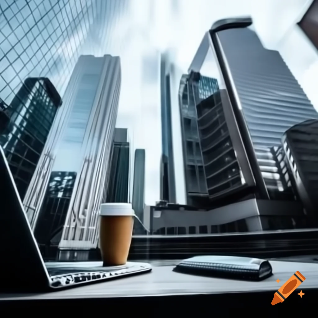 Modern tech buildings visible from window with laptop and coffee on ...