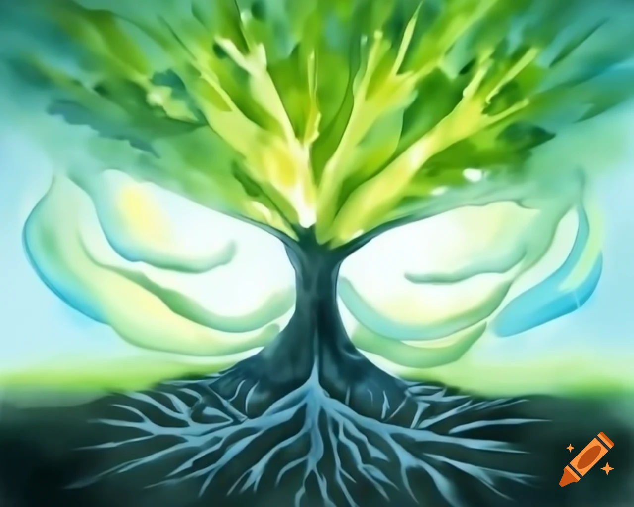 Dynamic tree with glowing roots and bright wings, vibrant colors on Craiyon