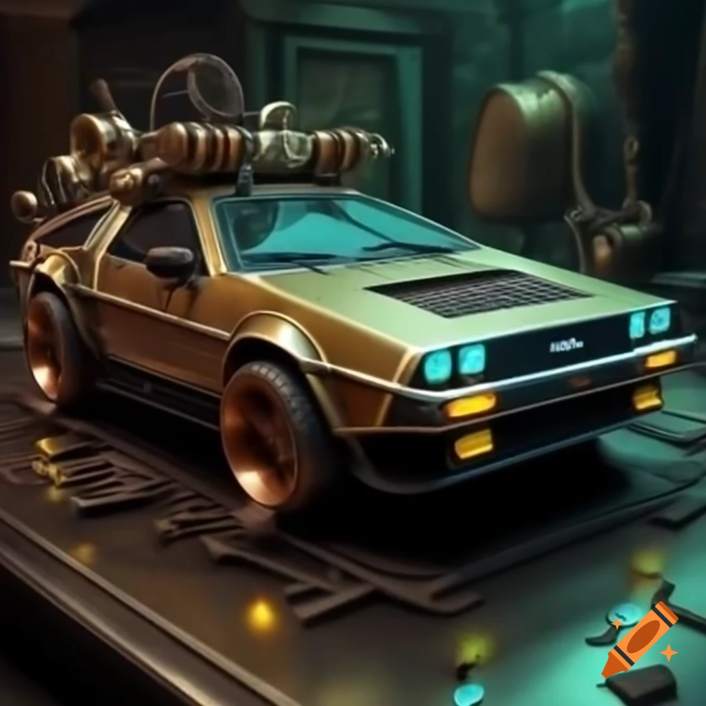 Steampunk time machine vehicle featuring brass DeLorean and Cyberpunk ...