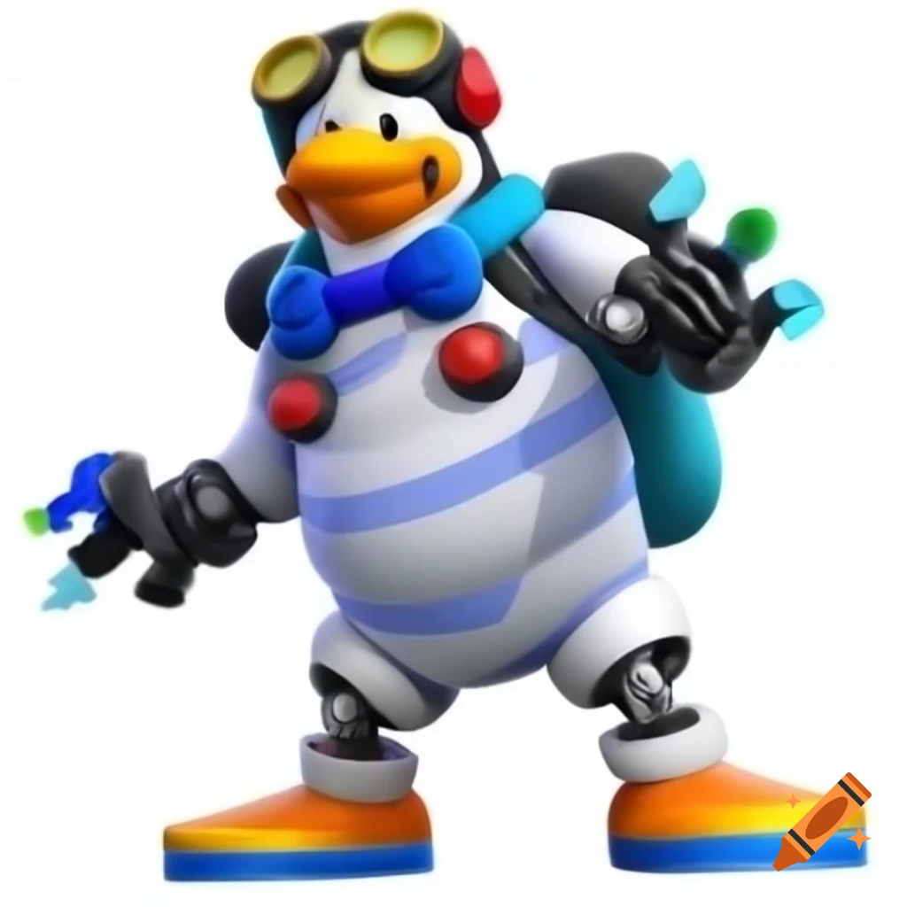 Cheerful anthropomorphic penguin mechanic with robotic body and ...
