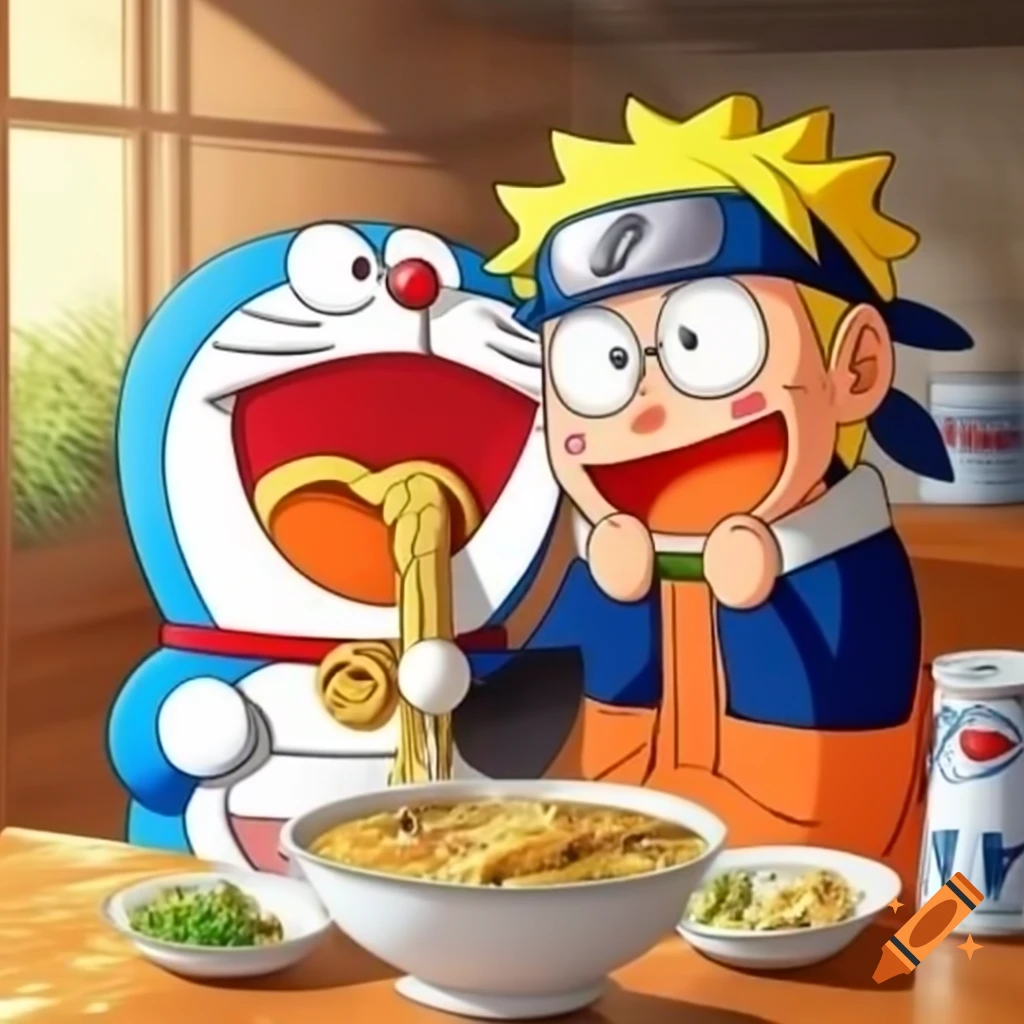 Naruto and doraemon sharing a bowl of steaming ramen on Craiyon