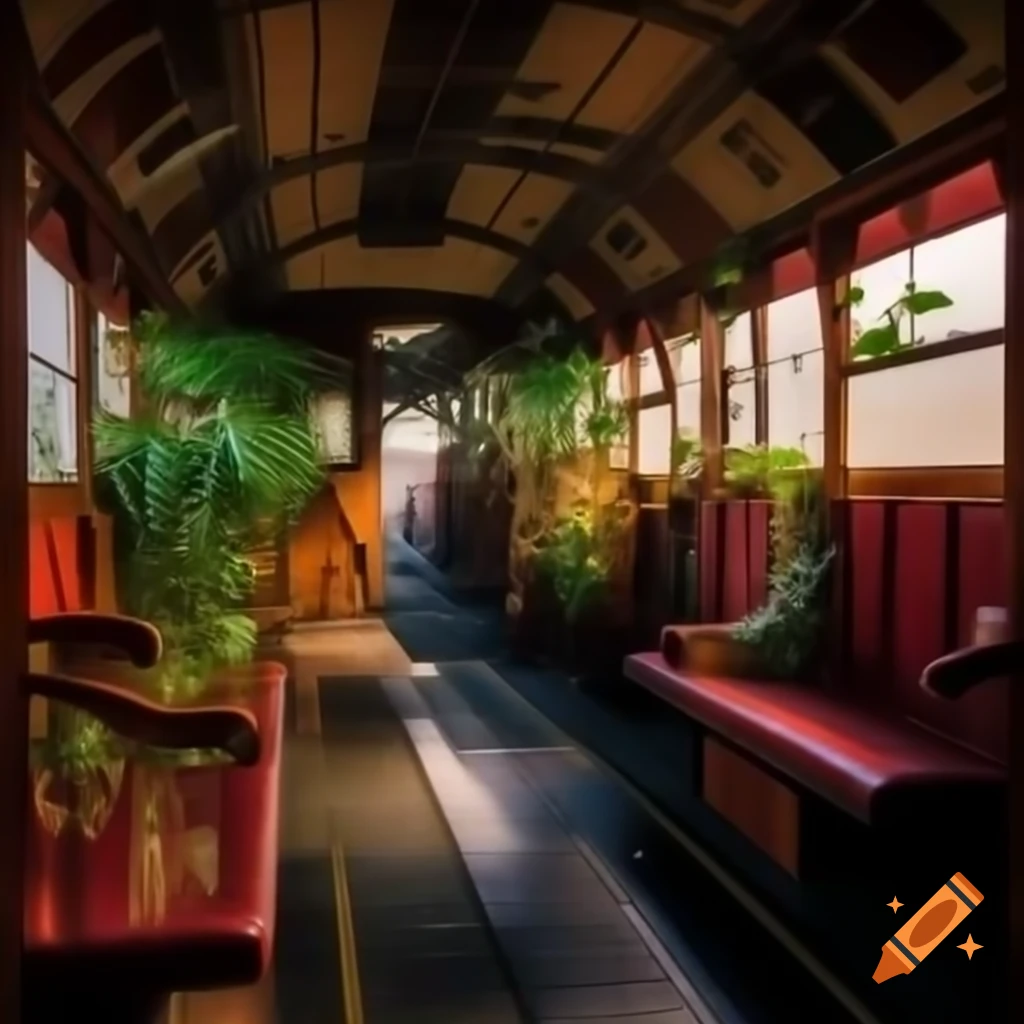 Retro japanese style train carriage with indoor ruins and vines on Craiyon