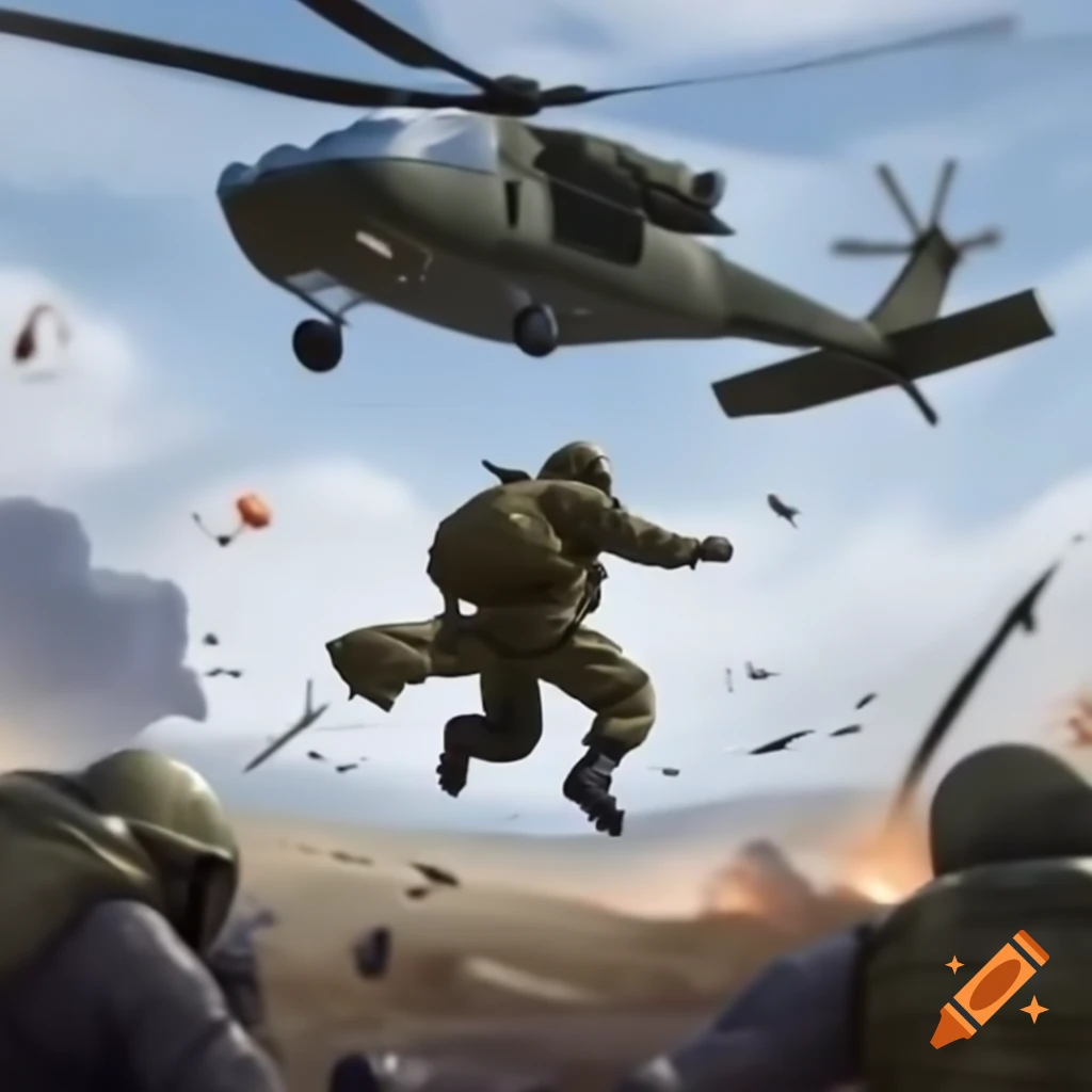 Photorealistic depiction of army man jumping from helicopter into ...