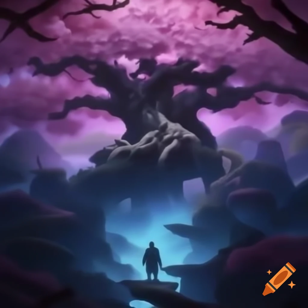 Eldritch cherry blossom tree deity with human on cliff overlooking ...