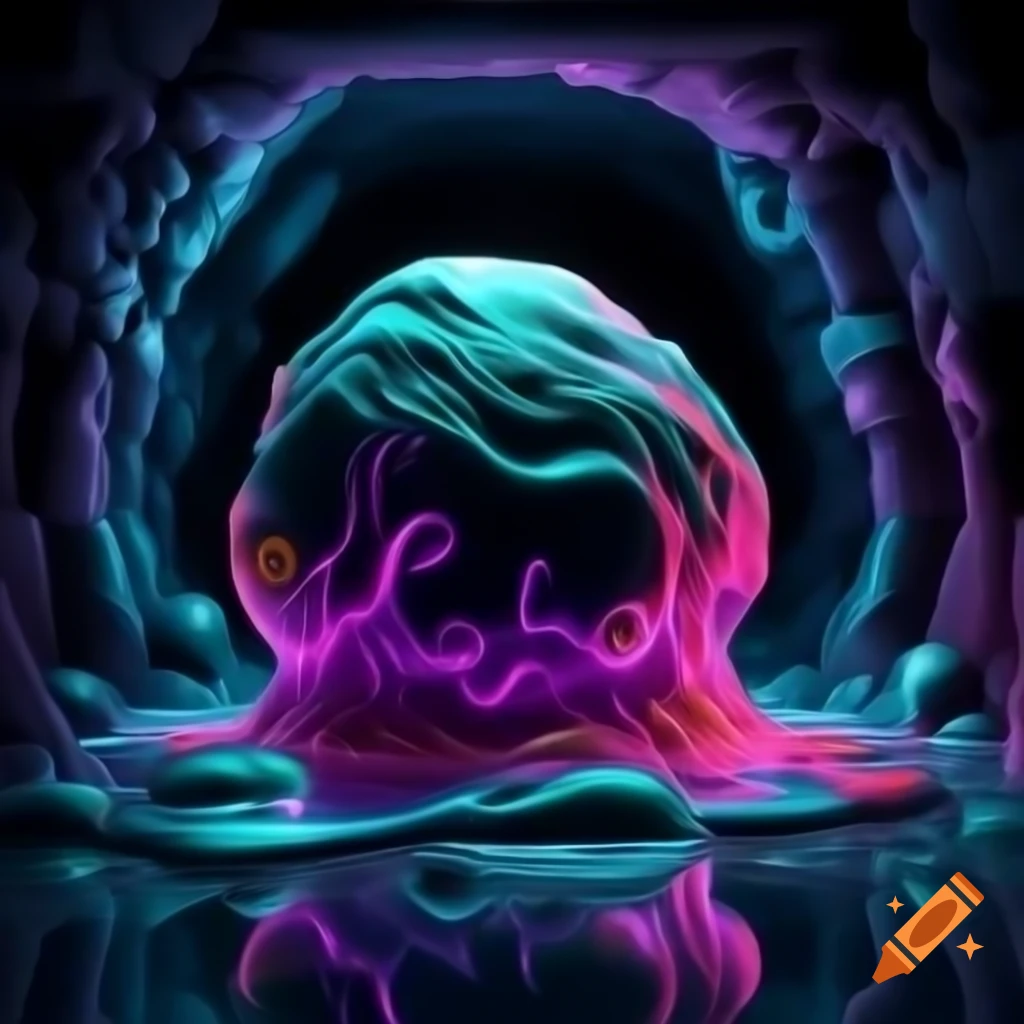 Highly detailed neon illustration of black slime in underground tunnel ...