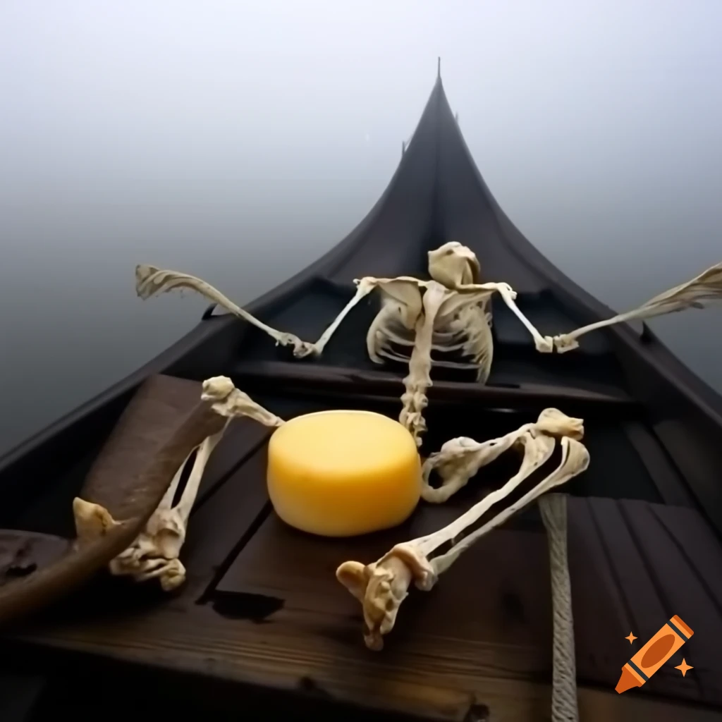 Skeleton eating cheese on old wooden ship surrounded by thick fog on ...