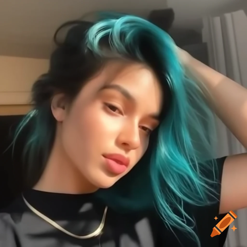 Girl with green turquoise hair taking a selfie wearing a rock band ...