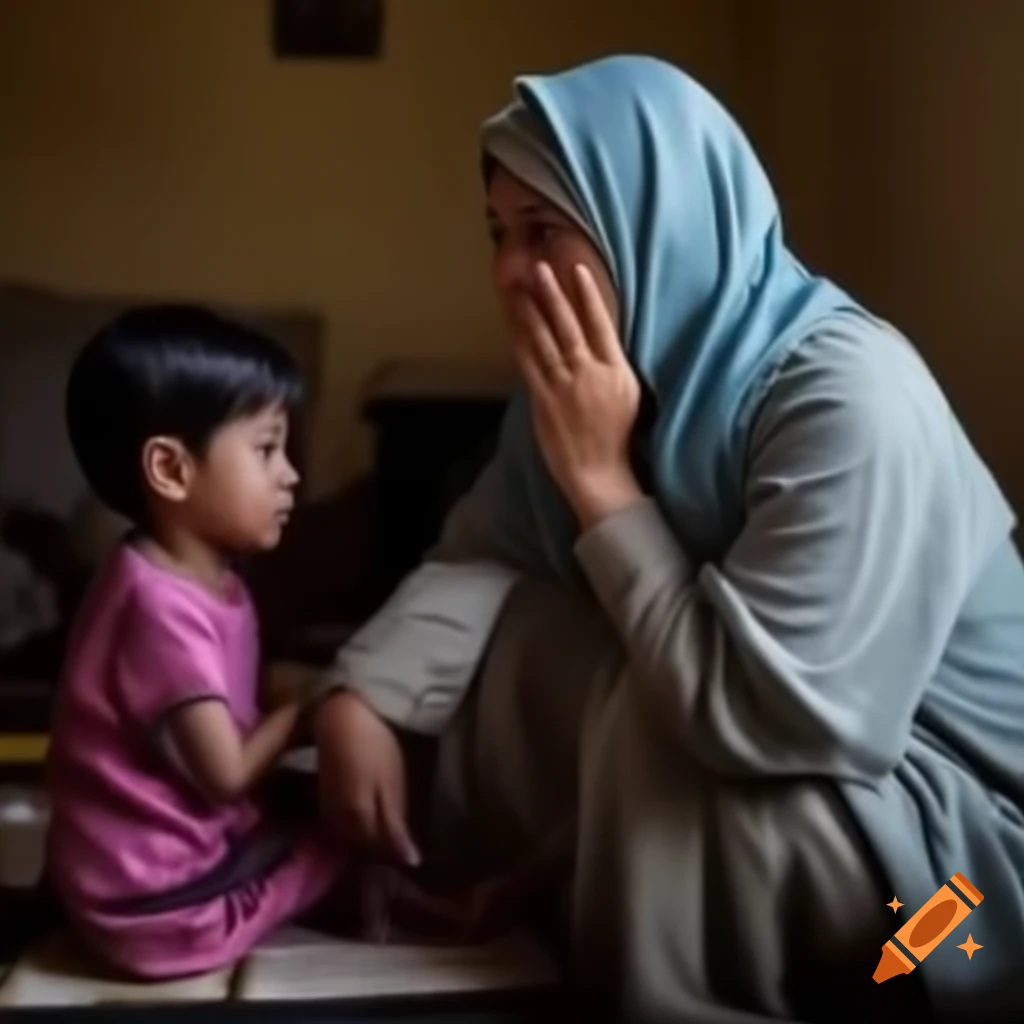Disappointed mother in hijab with child refusing to listen on Craiyon