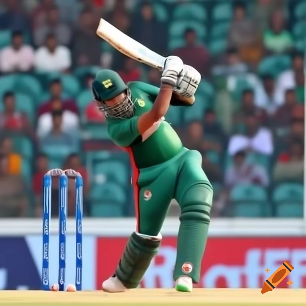 Batsman in Bangladesh team jersey hitting a ball from left side view on ...