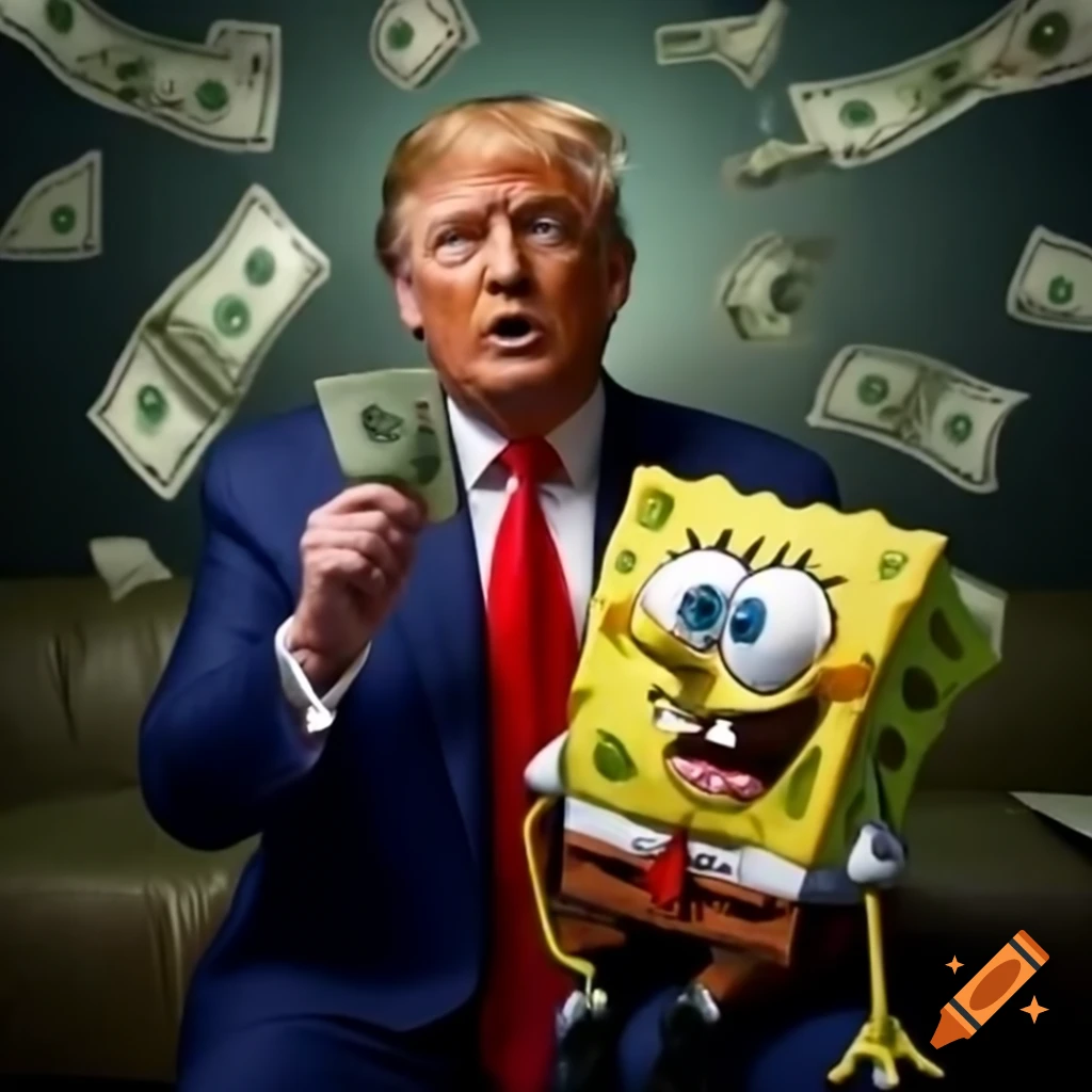 Cartoon of Trump and SpongeBob with money on Craiyon