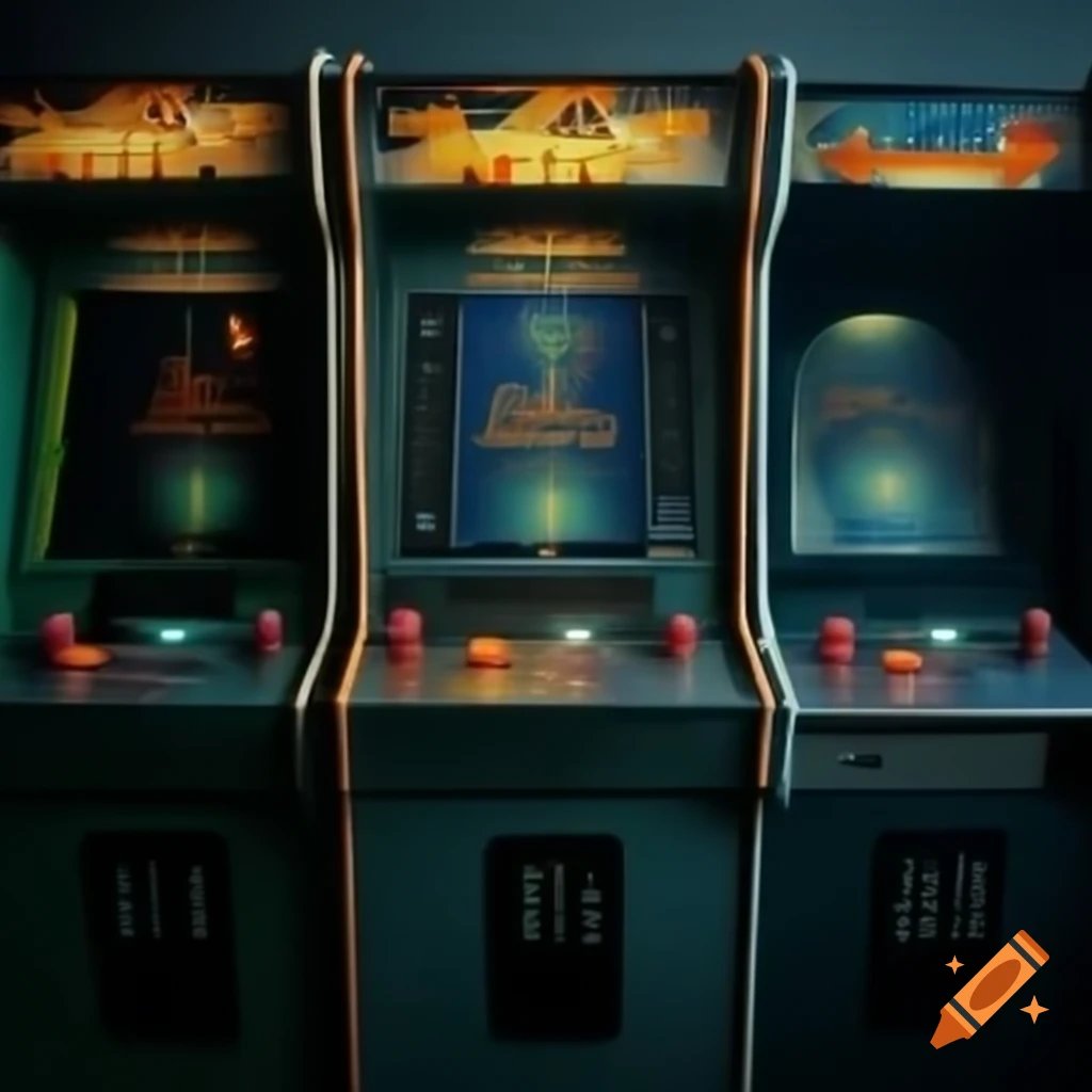 Classic arcade cabinets glowing in twilight, showcasing 8-bit gaming ...