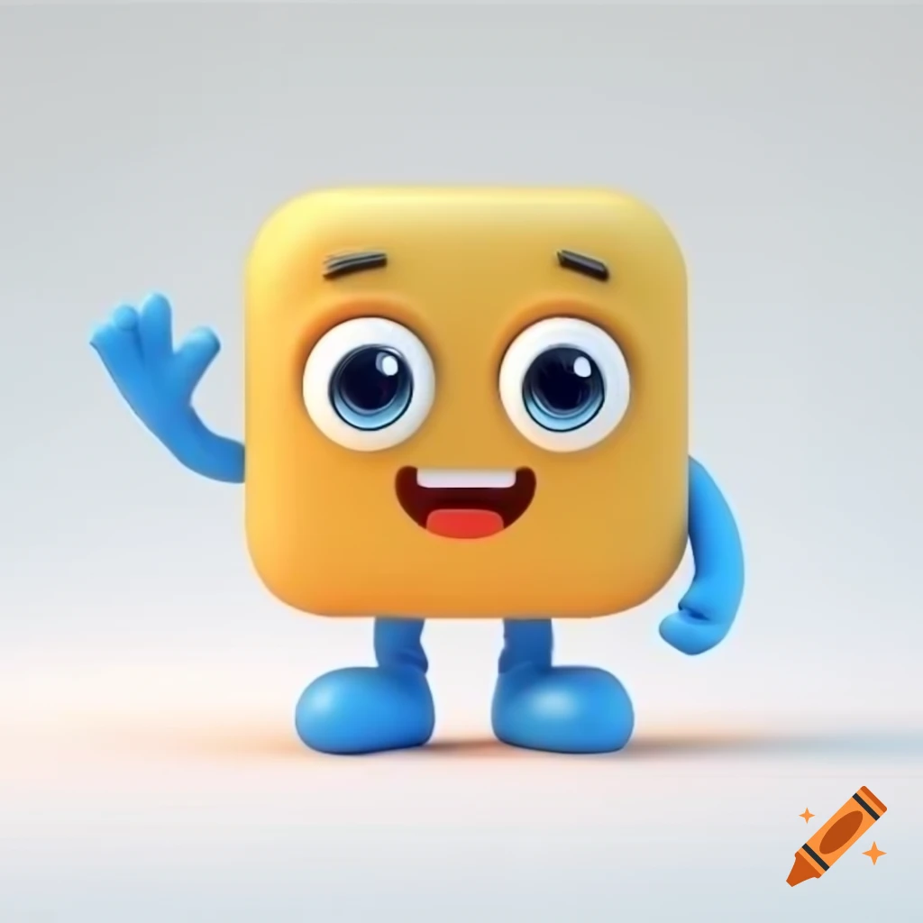 Cartoonish 3D square character with eyes and waving arms on white ...