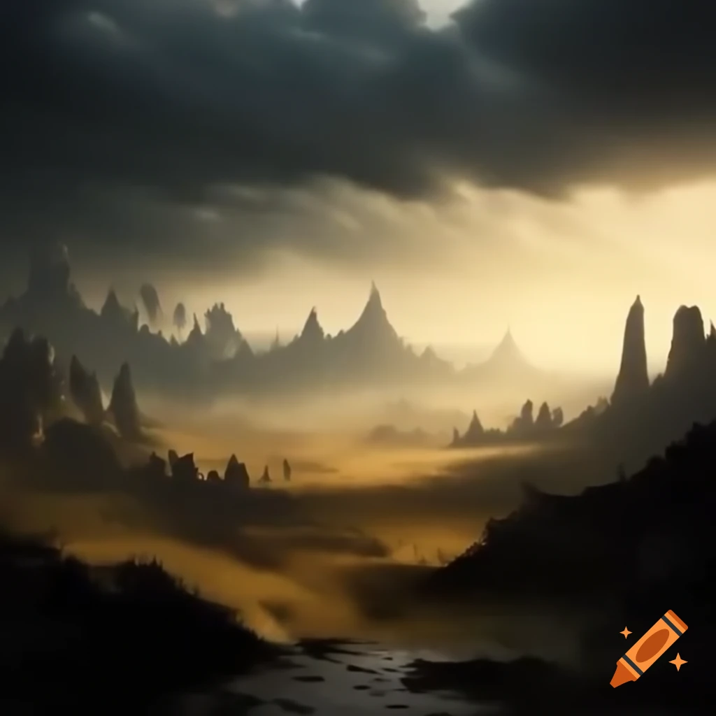 Epic medieval battlefield landscape with dark skies and glowing ...