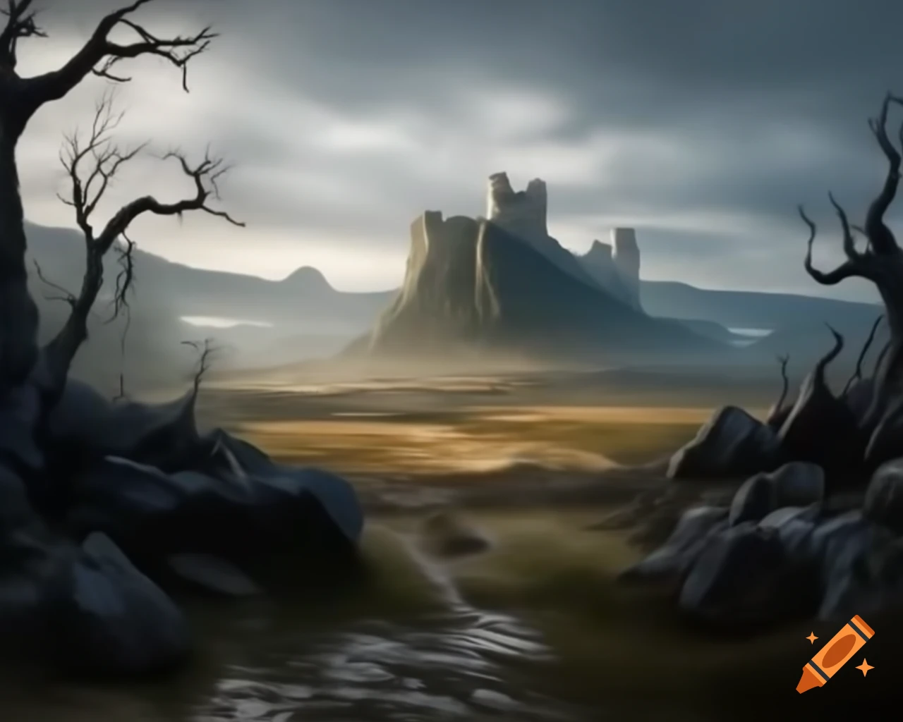 Desolate wilderness with ruins of an ancient castle on Craiyon