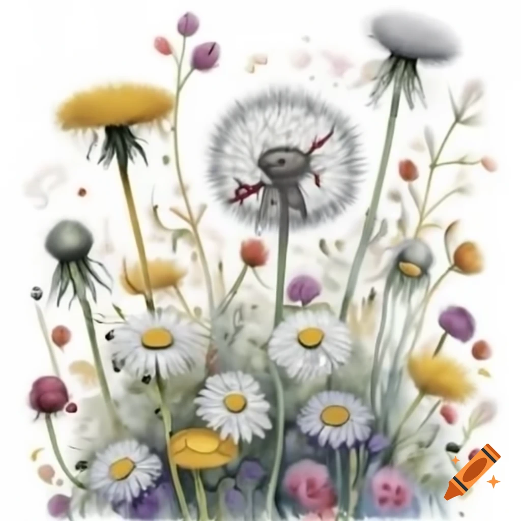 Sad droopy dandelion in garden surrounded by roses and violets, hand ...