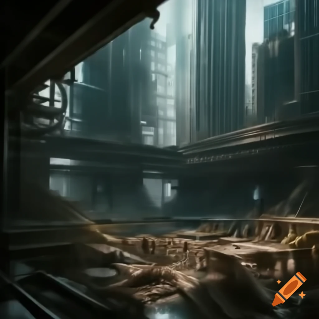 Post-apocalyptic cyberpunk city with structures supported by concrete ...