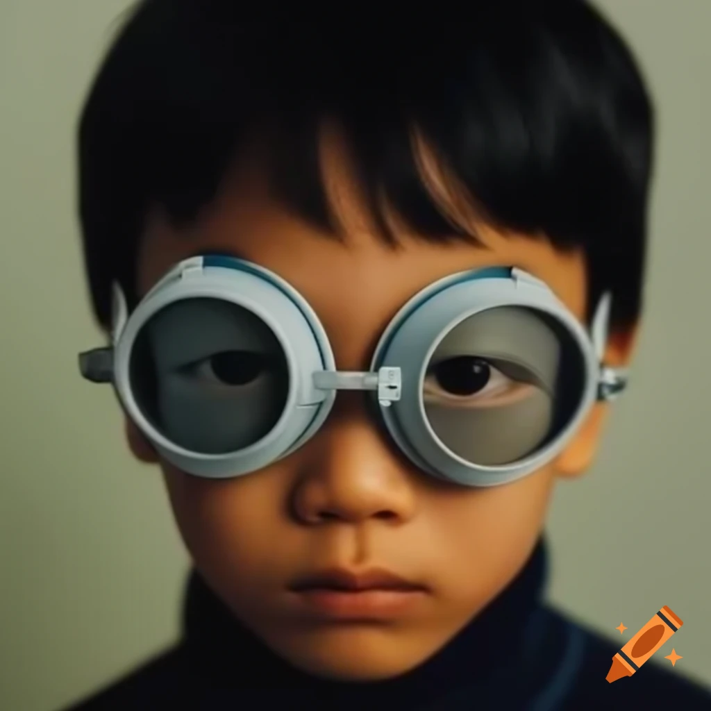 Serious Asian kid wearing grey space goggles, looking curious on Craiyon