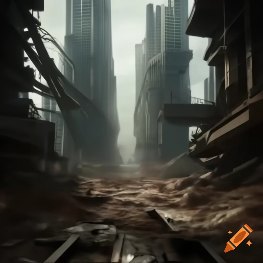 Post-apocalyptic cyberpunk city with structures supported by concrete ...