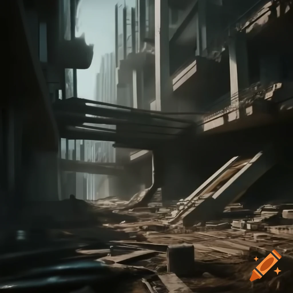 Post-apocalyptic cyberpunk cityscape with concrete pillar structures on ...