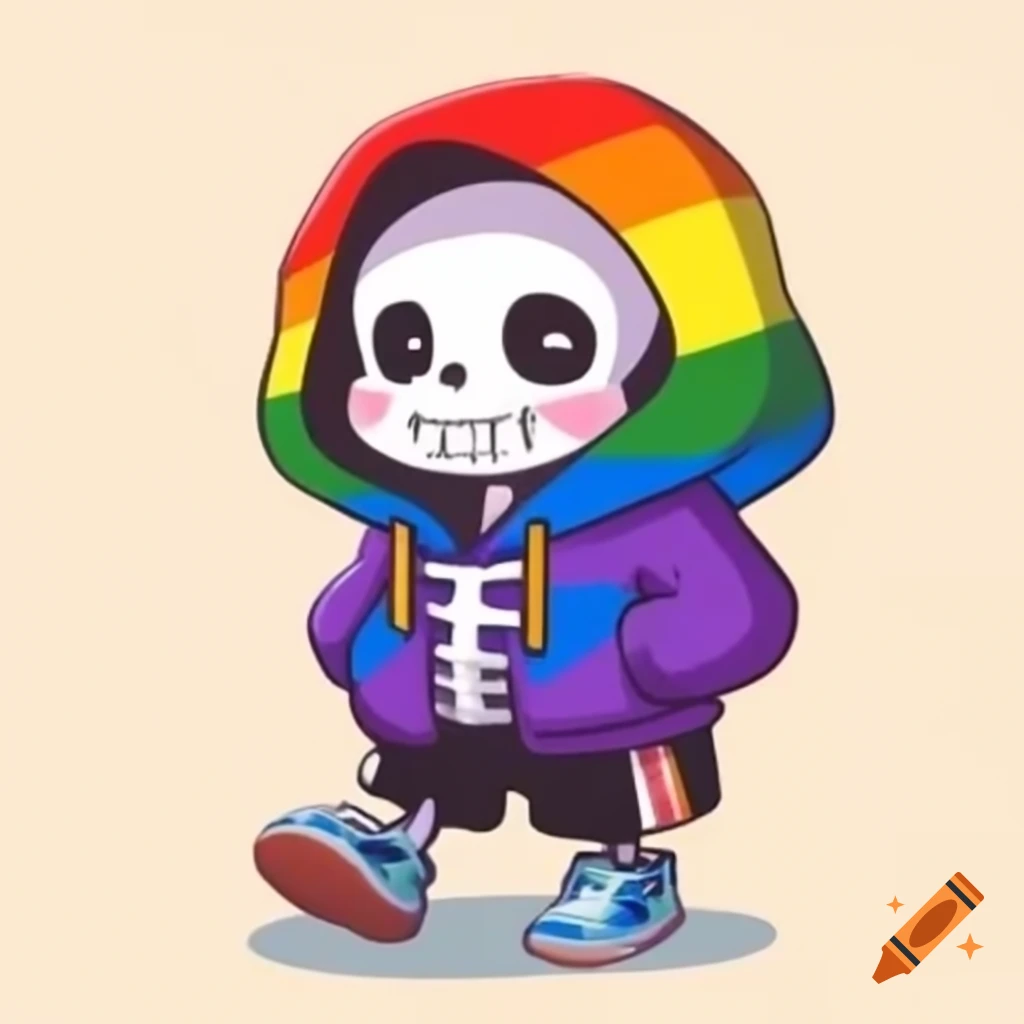 Cartoon skeleton smiling in pride flag robes and sneakers on Craiyon