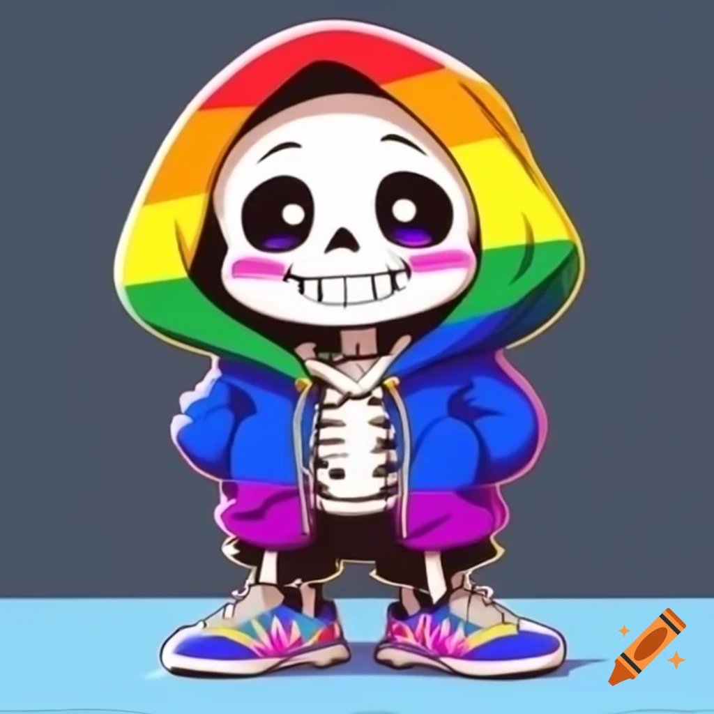 Cartoon skeleton smiling in vibrant pride flag robes and sneakers on ...
