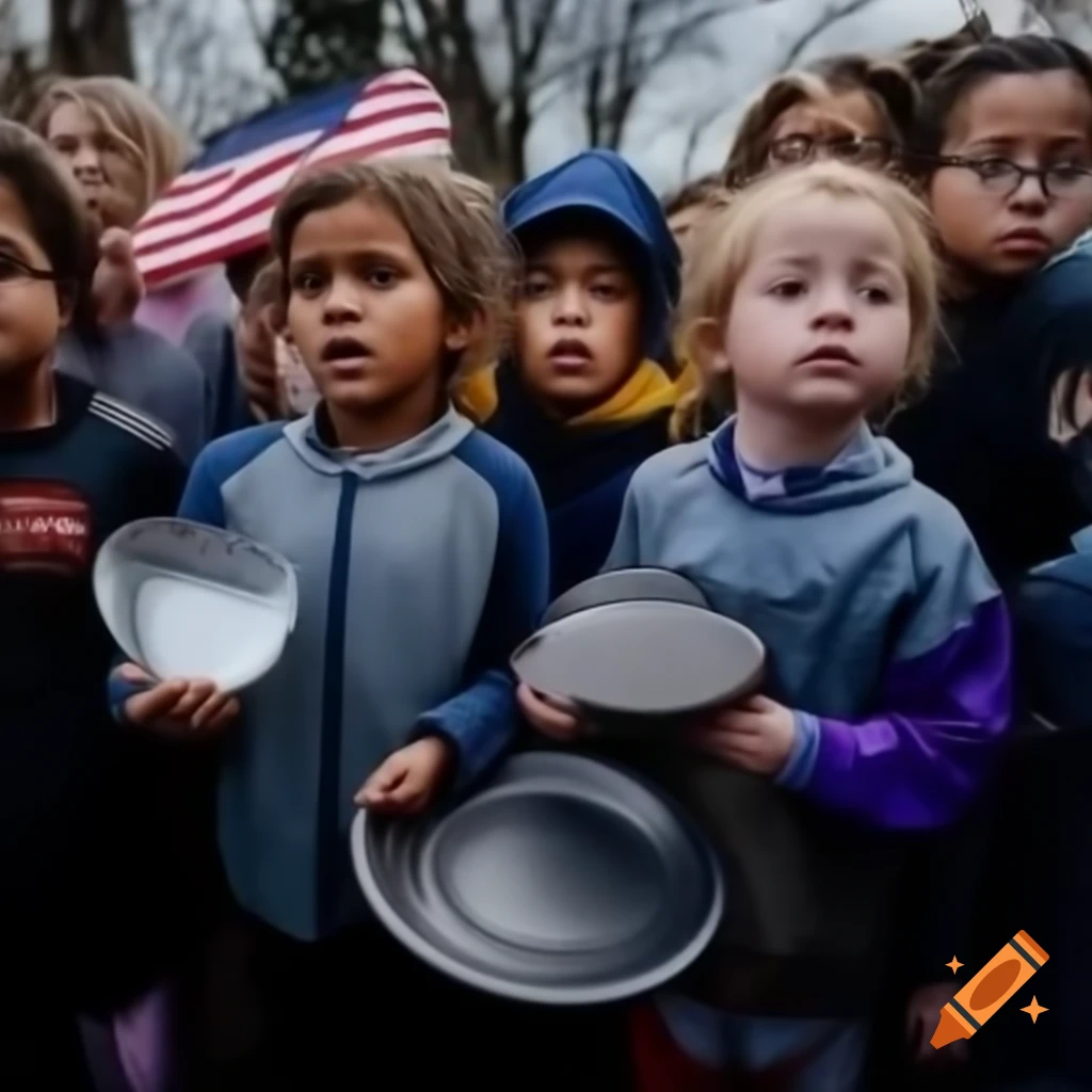 Homeless children holding empty plates in a plea for food on Craiyon