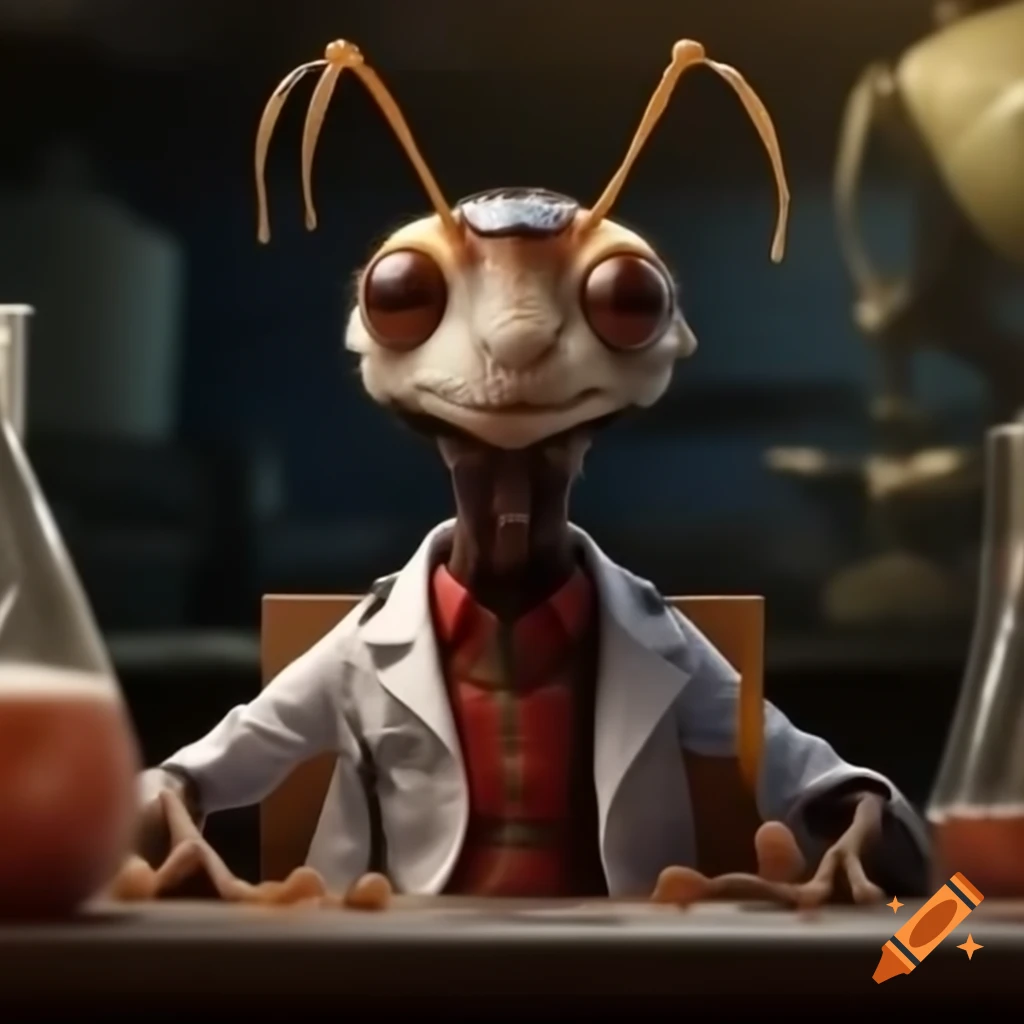 Humanoid ant in military uniform working in science lab on food ...