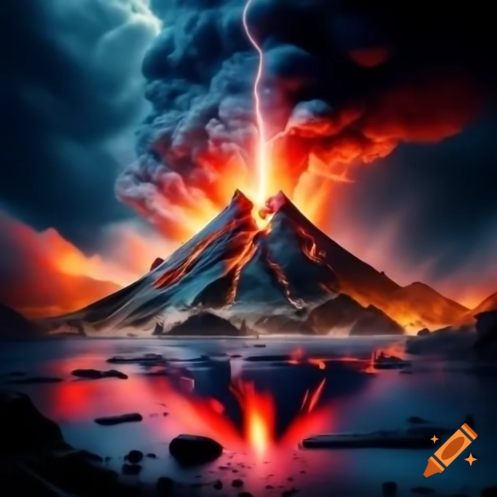 Volcano erupting with lightning strike and flowing lava from a distance on Craiyon
