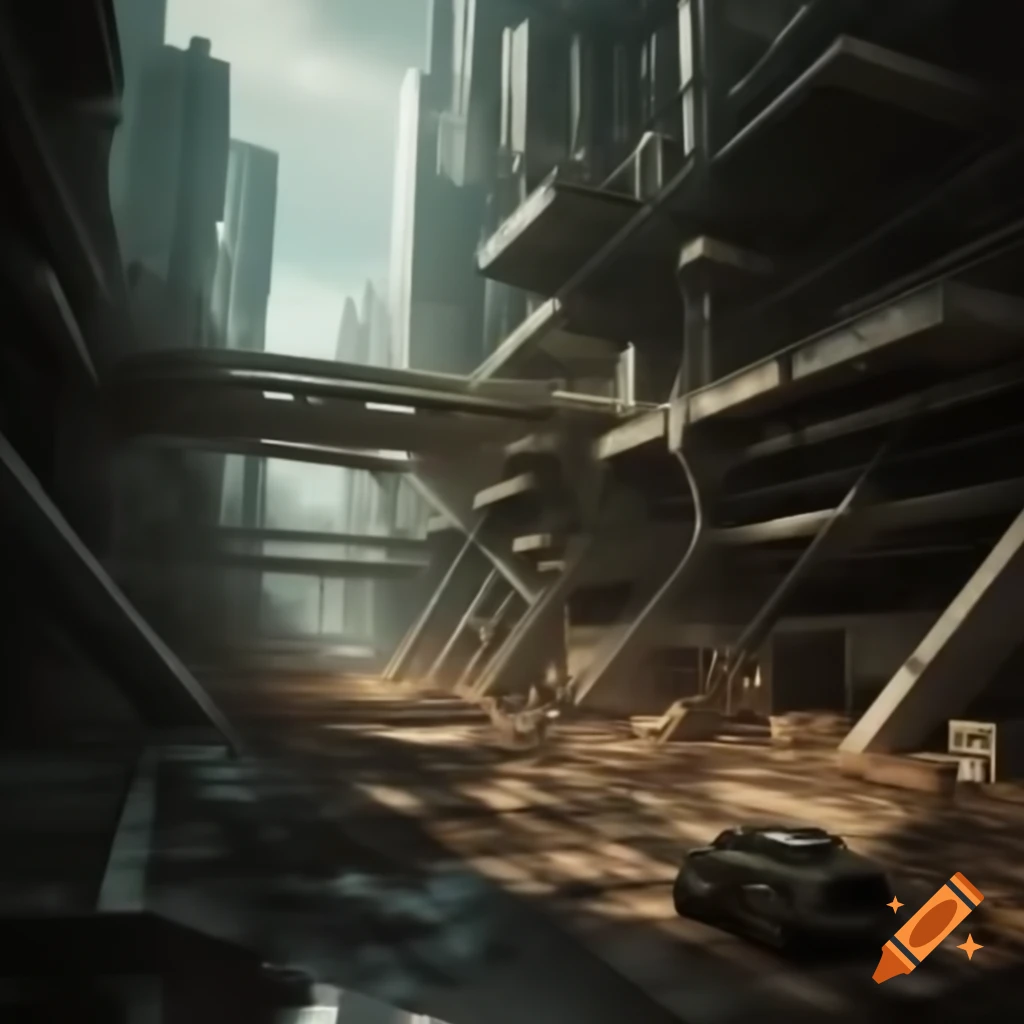 Post-apocalyptic cyberpunk cityscape with concrete pillar structures on ...