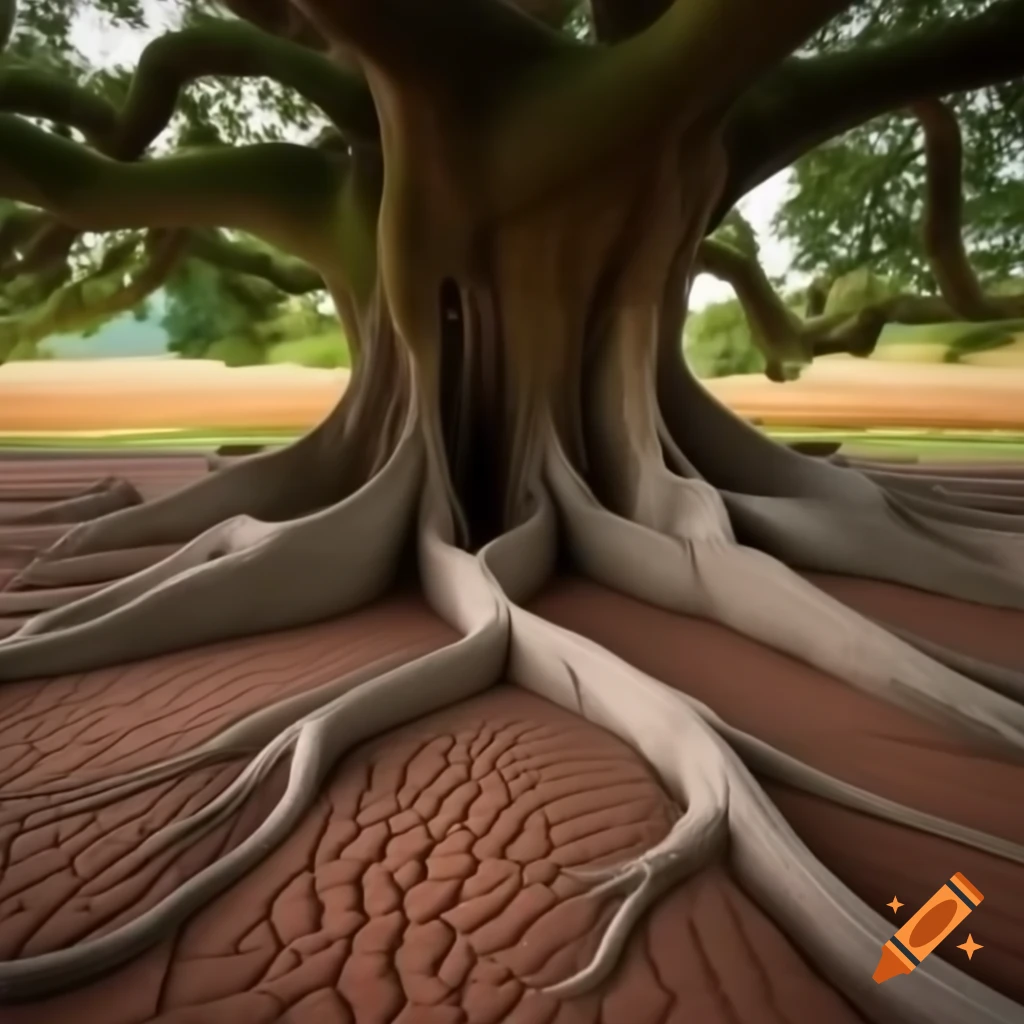 Oak tree with deep tap roots, showcasing drought tolerance on Craiyon
