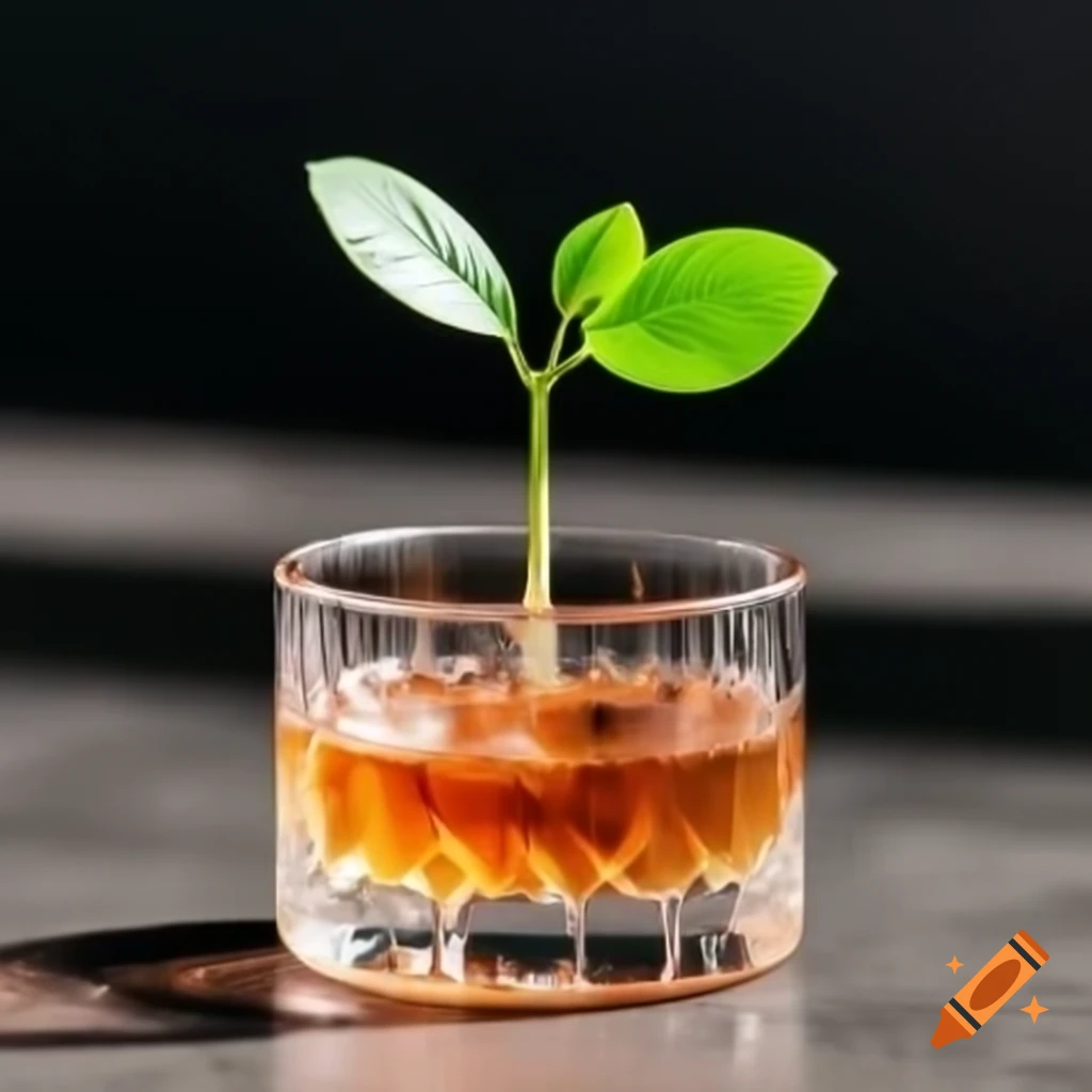 Sapling elm tree sprouting from cocktail glass with brown liquor on Craiyon