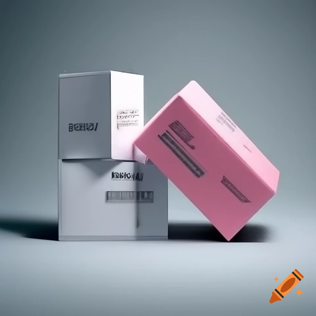 Realistic minimalist photo of two carton boxes with barcode and brand ...