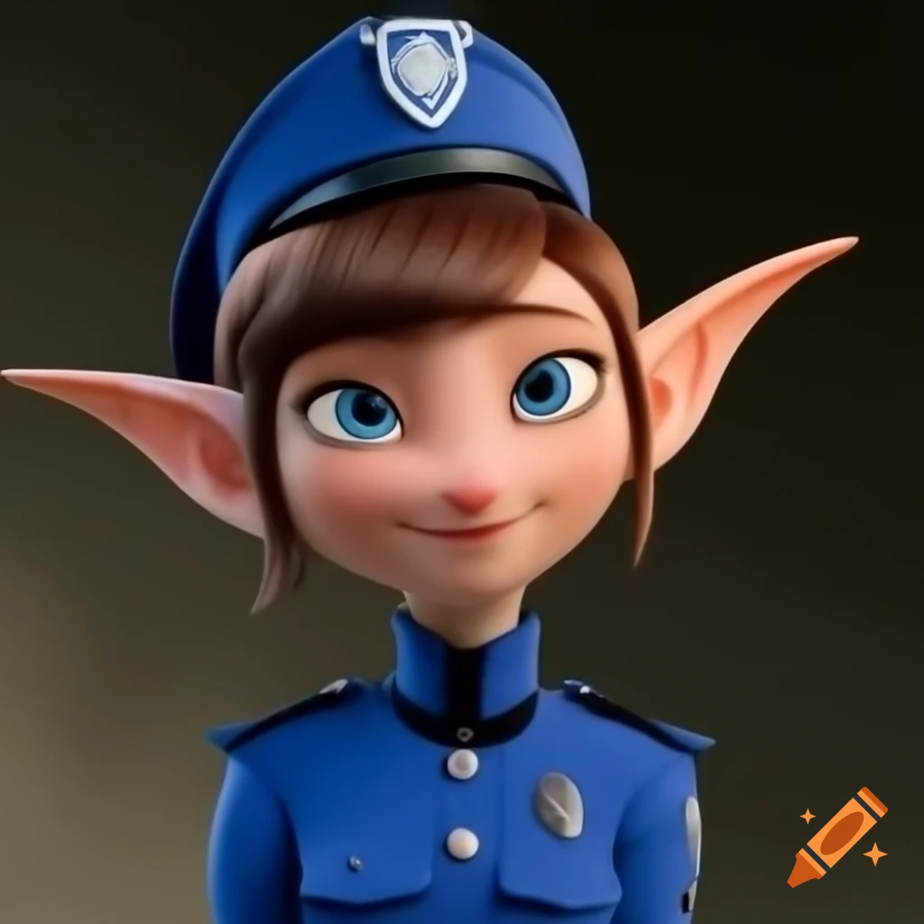 Kind-hearted elf policewoman in blue uniform with short brown hair and ...