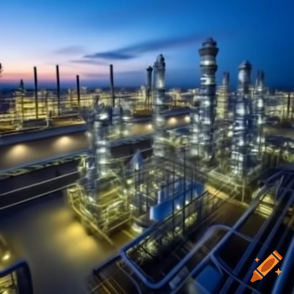 Modern oil refinery producing 100,000 barrels per day, various angles ...