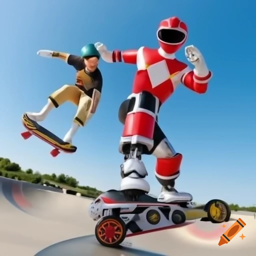 Hyper realistic megazord power ranger at skatepark launching scooters ...