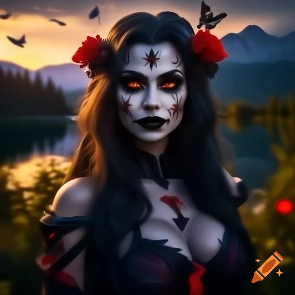 Hyper-realistic goth woman with vampire fangs, flowers, and butterflies in hair on Craiyon