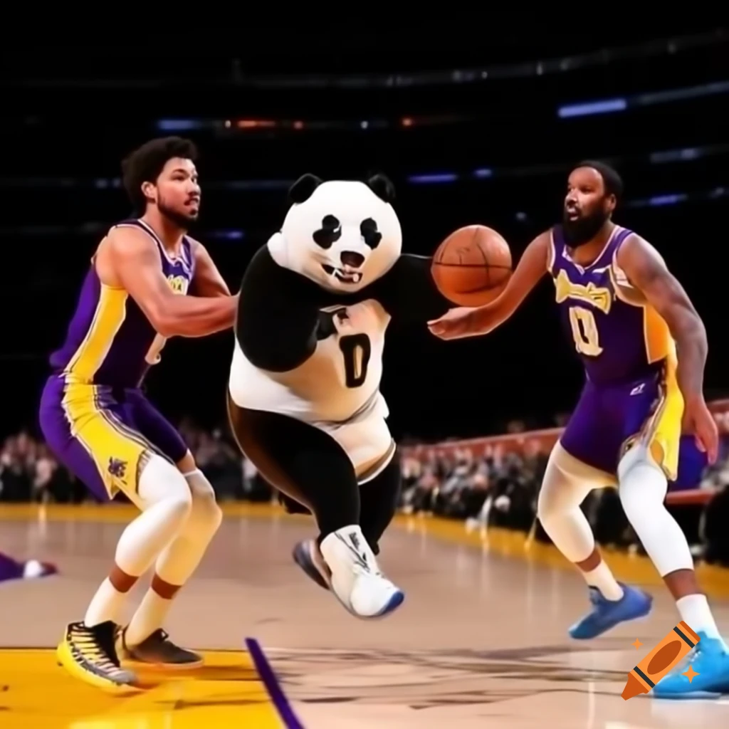 Panda playing basketball with Lakers team on Craiyon
