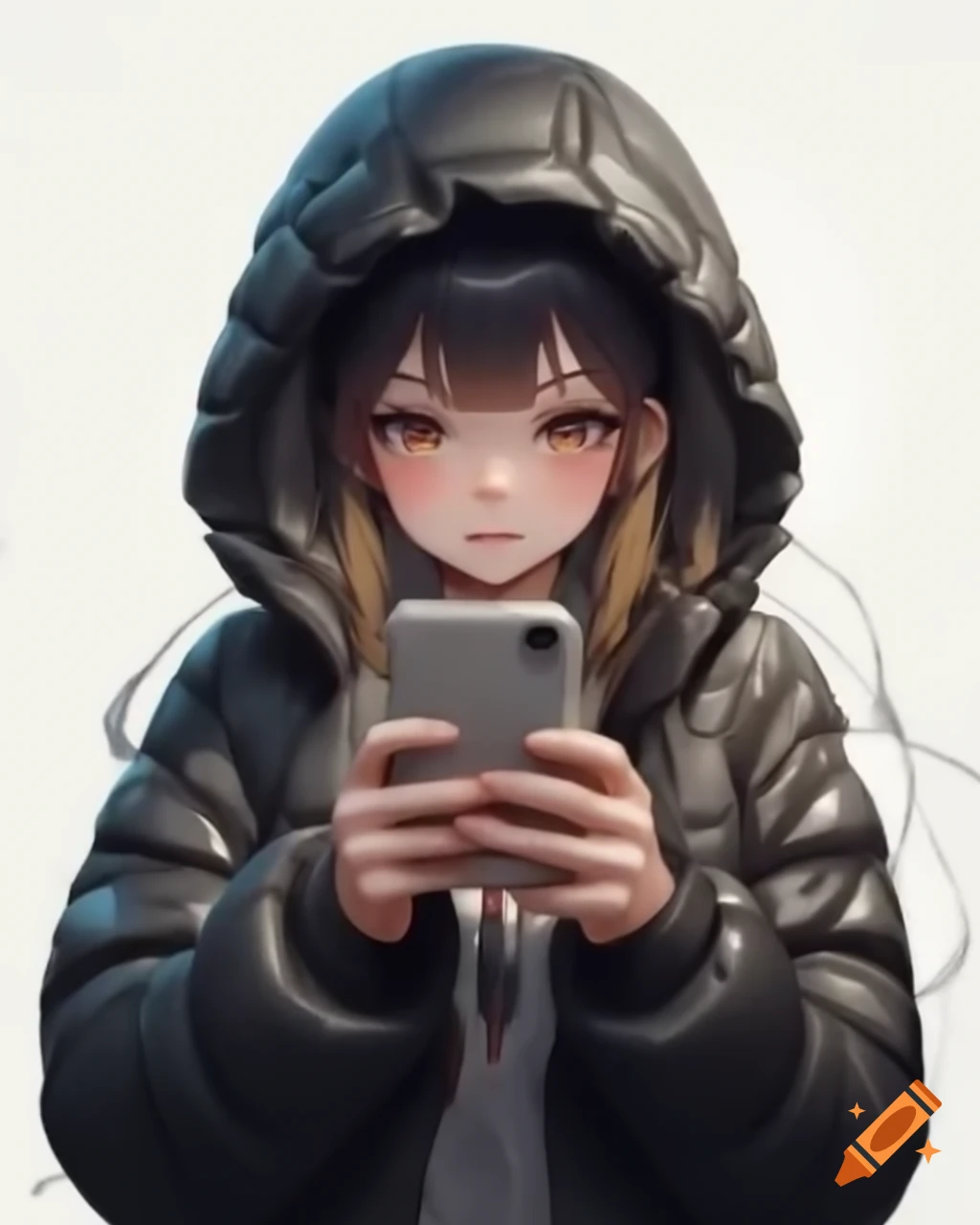 Anime woman with dark blonde hair in puffer jacket smiling on Craiyon